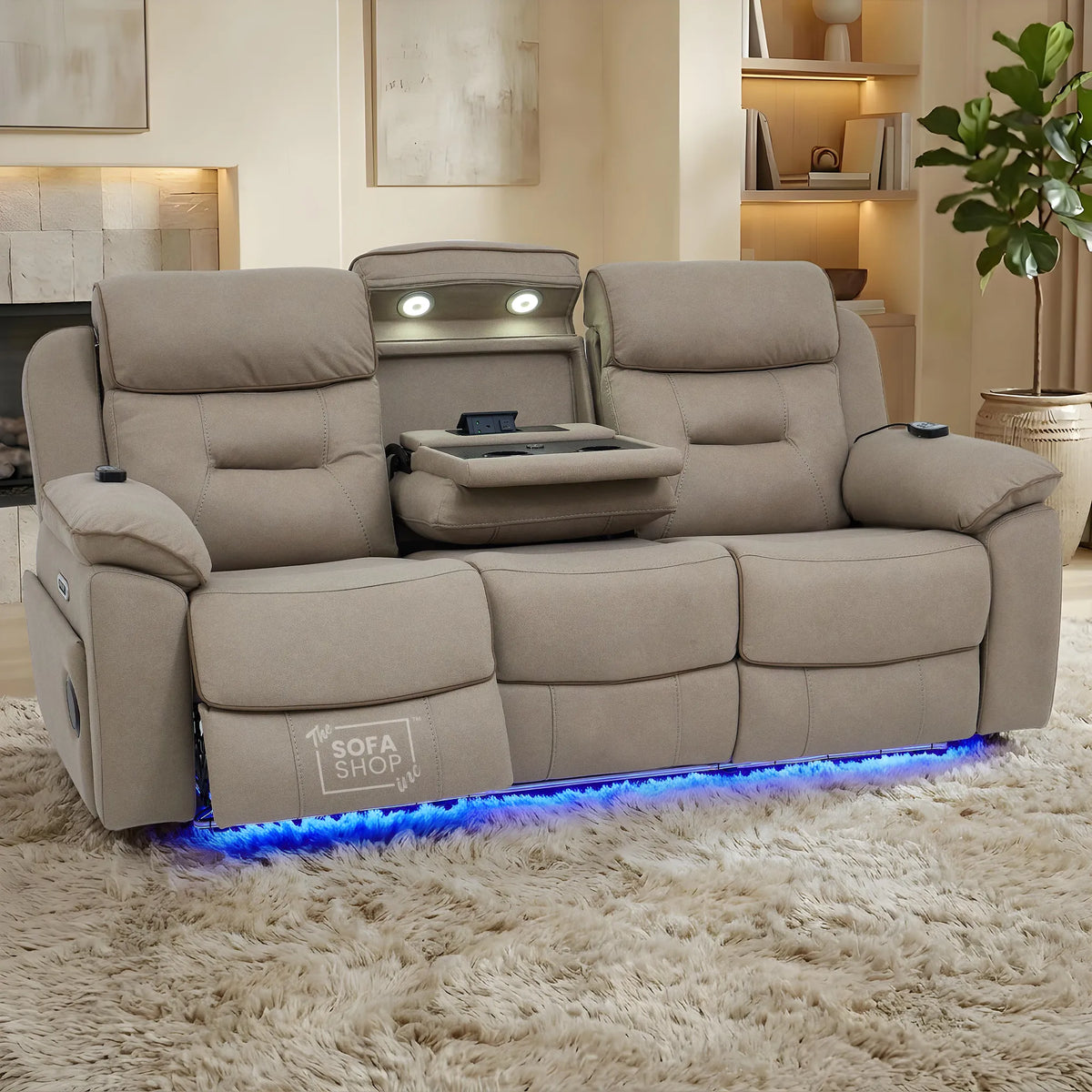 3 Seat In Beige Electric Recliner | Massage +Heat | The Sofa Shop